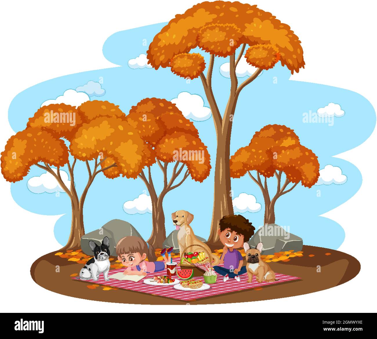 Children doing picnic in the park with many autumn tree illustration ...