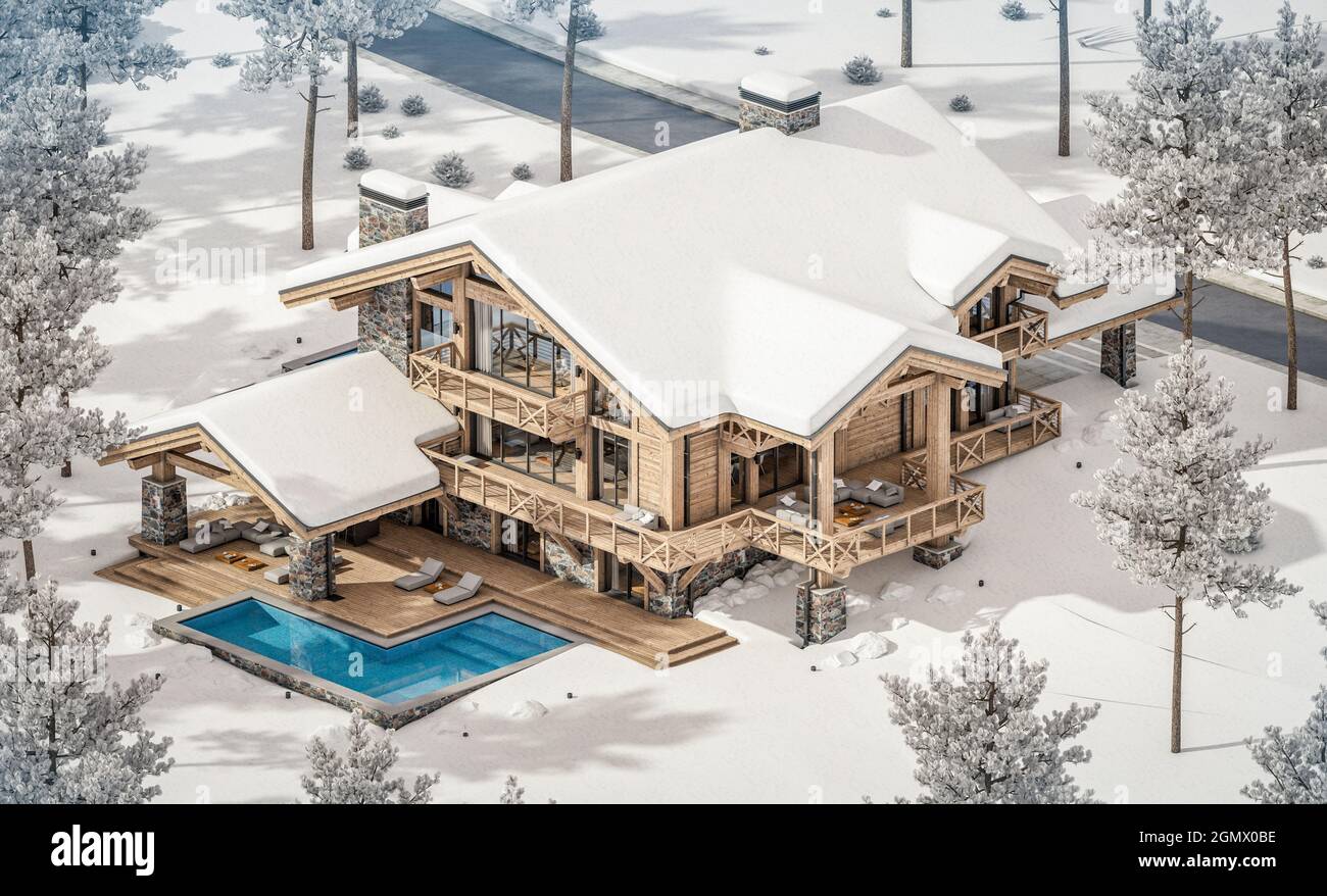 3d rendering of modern cozy chalet with pool and parking for sale or ...