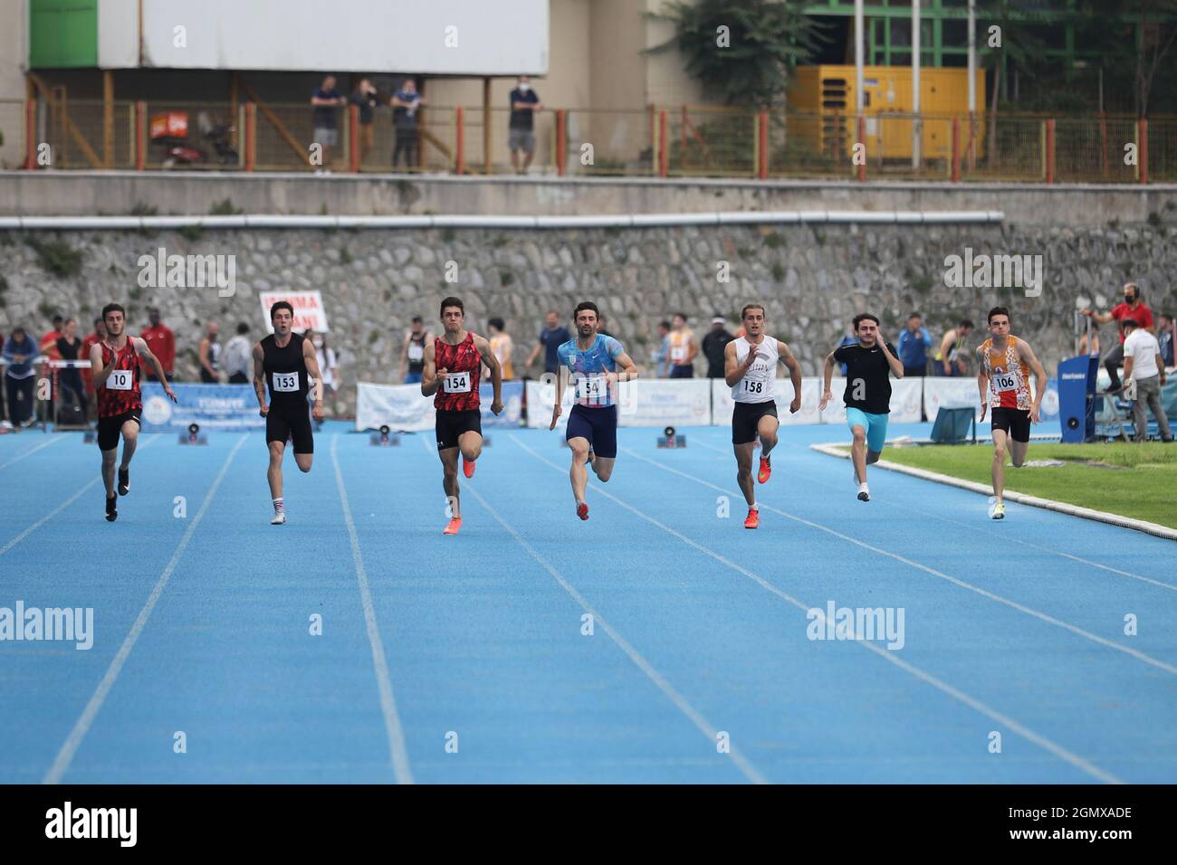 ISTANBUL, TURKEY - JUNE 23, 2021: Athletes running 100 metres during ...