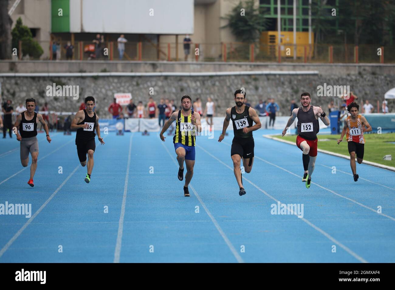 ISTANBUL, TURKEY - JUNE 23, 2021: Athletes running 100 metres during ...