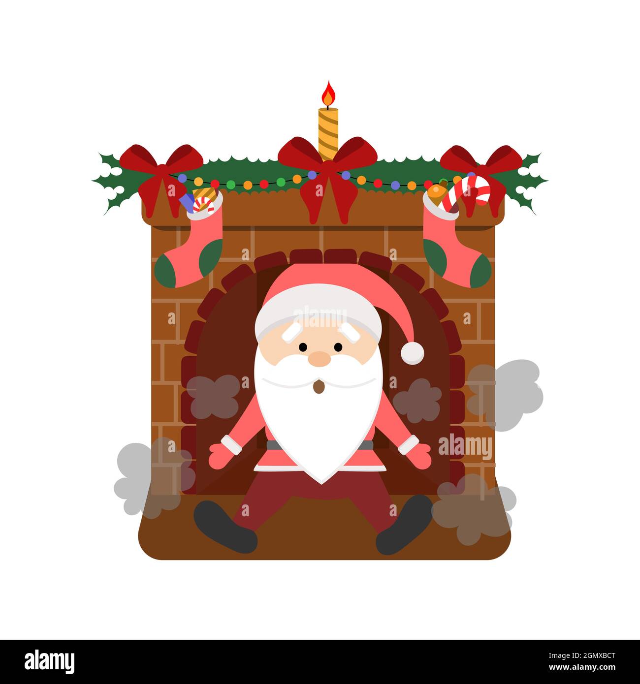vector illustration of Santa fell out of the chimney of a fireplace, a ...