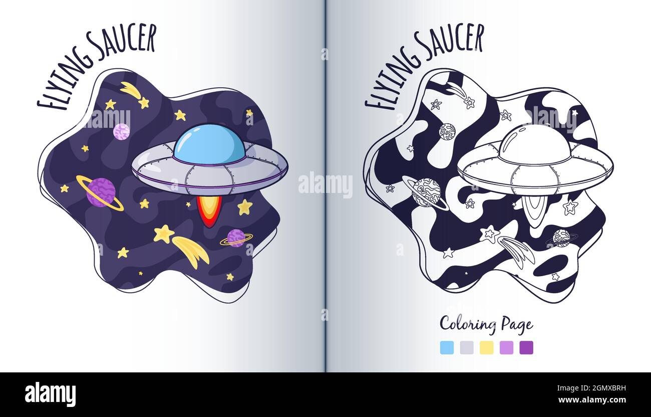 Flying Saucer in Space Coloring Page. Spacecraft in universe. Cartoon ...