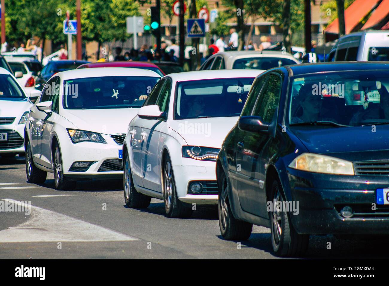 Seville Spain September 18, 2021 Traffic jam in the streets of Seville ...