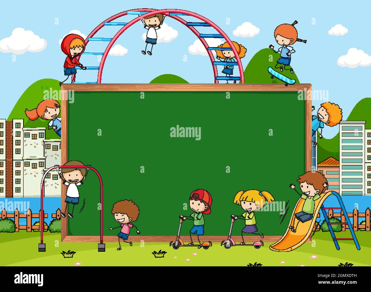 Playground scene with empty blackboard and many kids doodle cartoon ...
