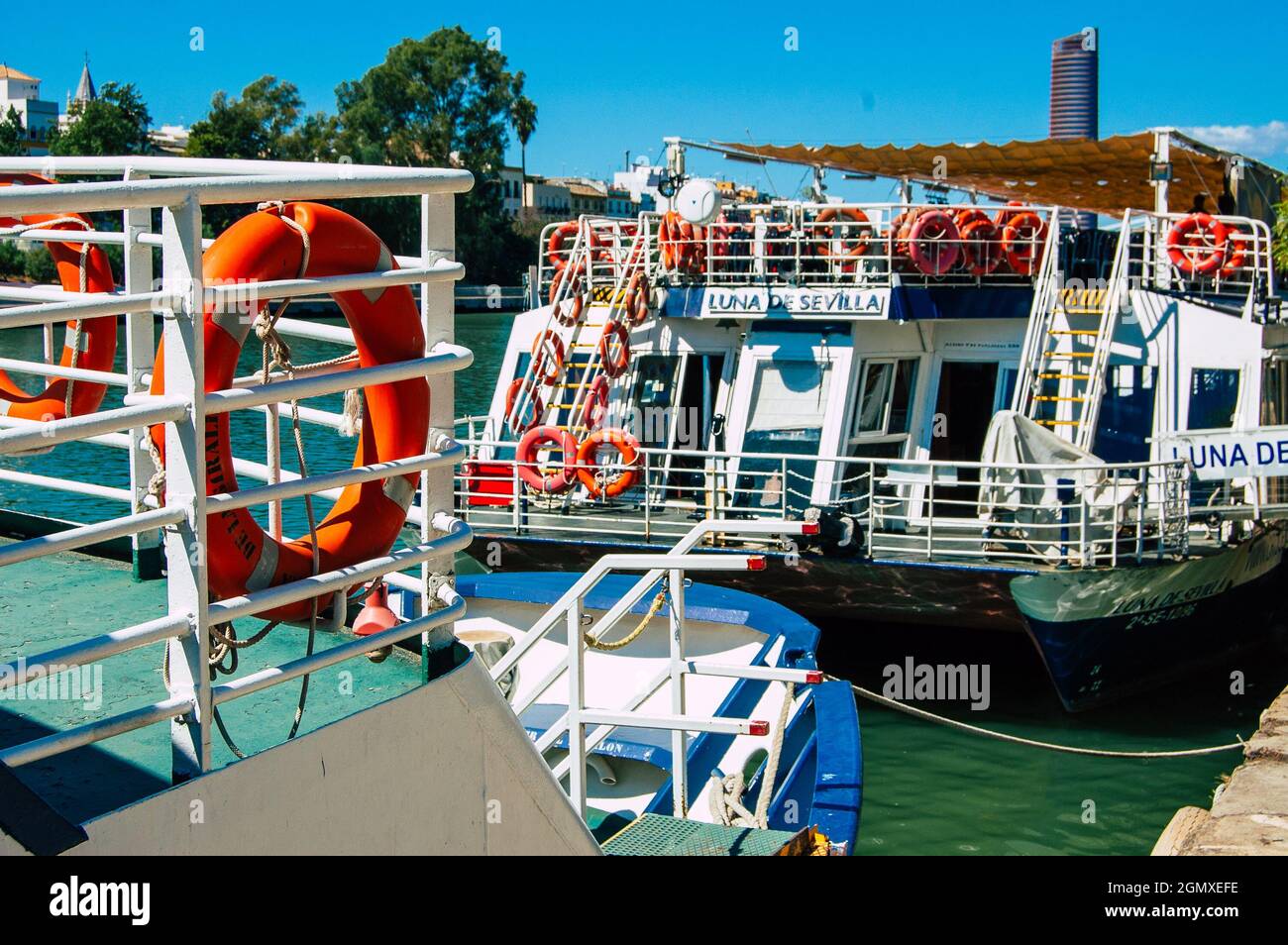 Seville Spain September 18, 2021 Tourist boats on the Guadalquivir ...