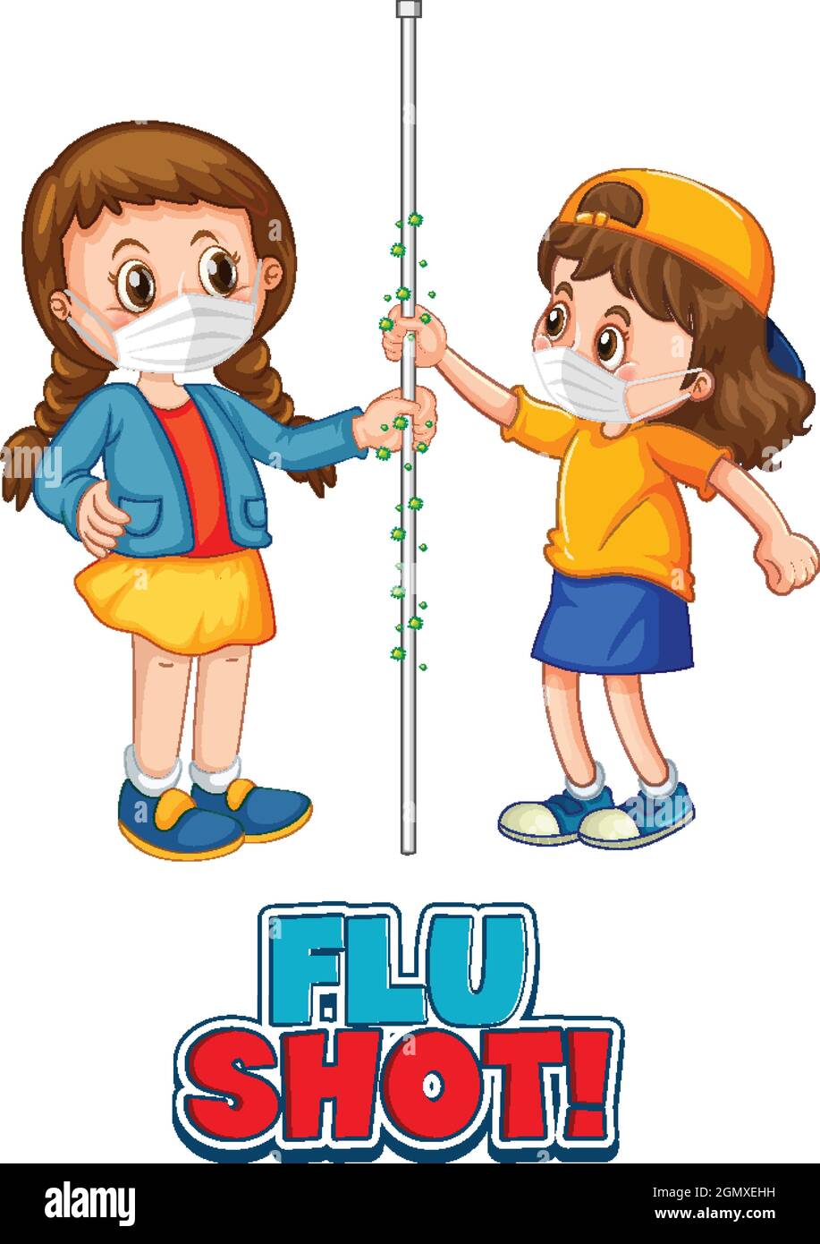Flu Shot font in cartoon style with two kids do not keep social ...