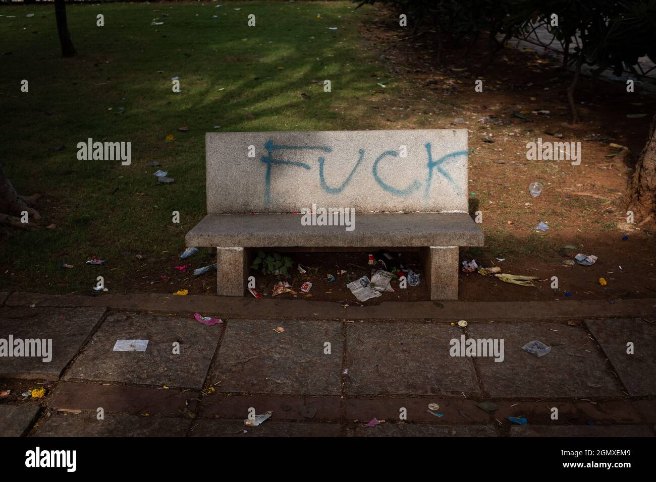 Hyderabad, India.20 September, 2021.A vandal has defaced a park bench ...