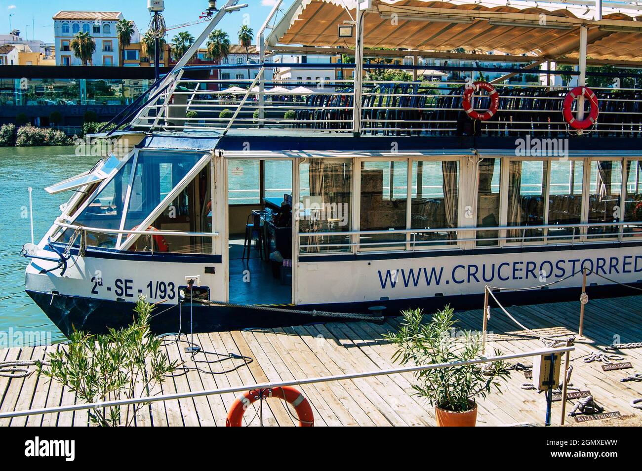 Seville Spain September 18, 2021 Tourist boats on the Guadalquivir ...