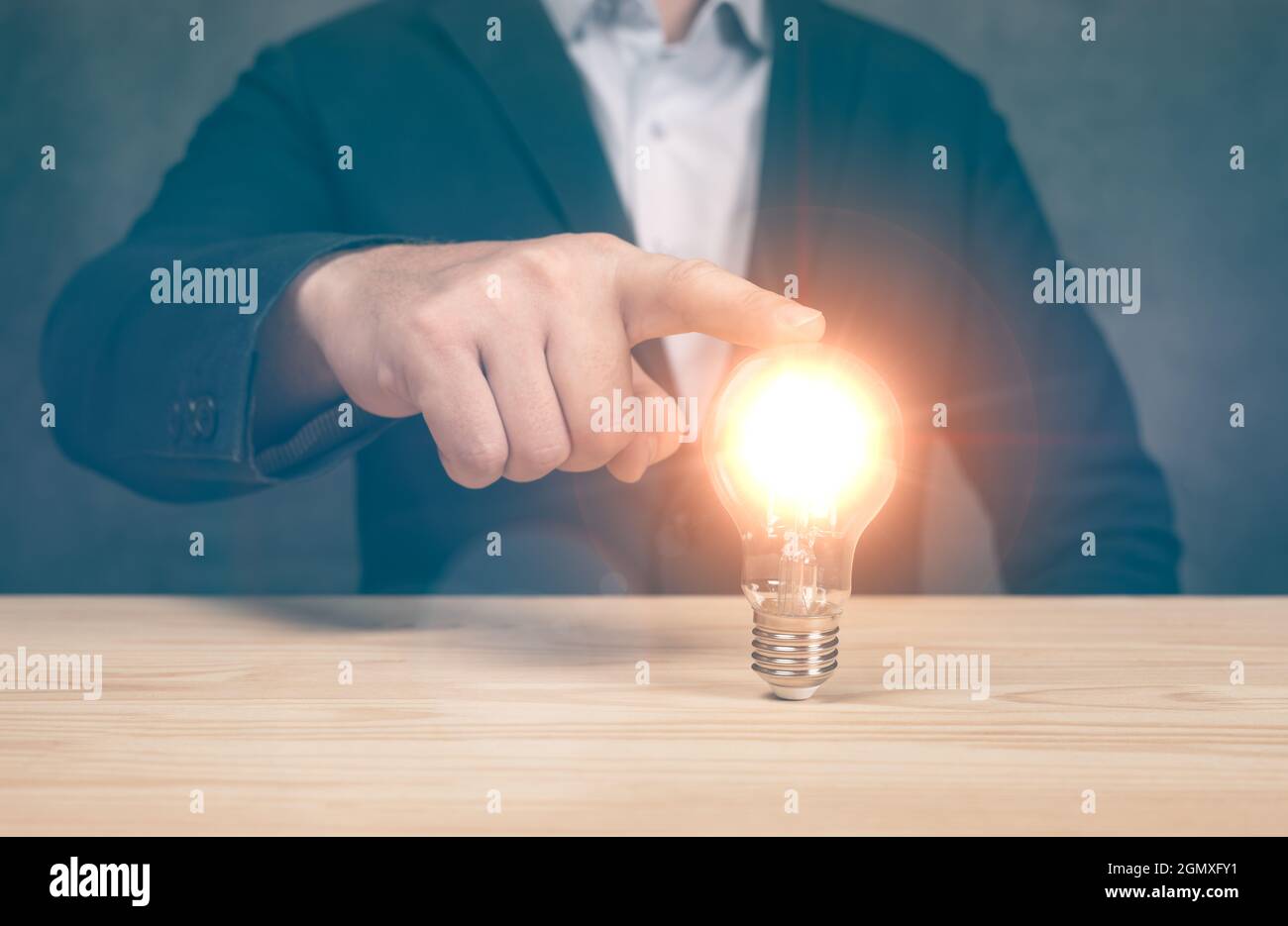 Business man point light bulbs, ideas, innovative technology and ...