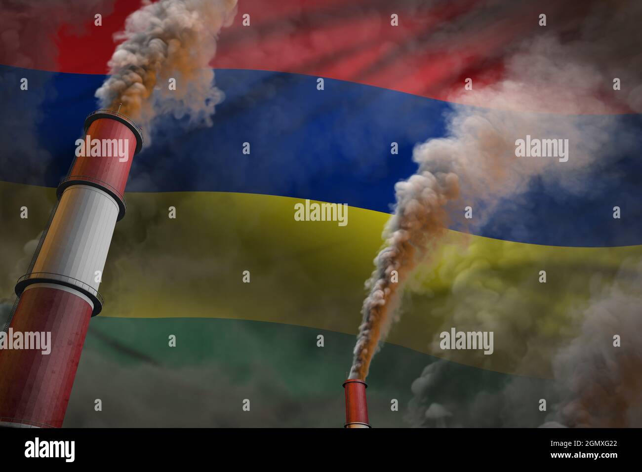 Mauritius pollution fight concept - two large plant chimneys with heavy ...