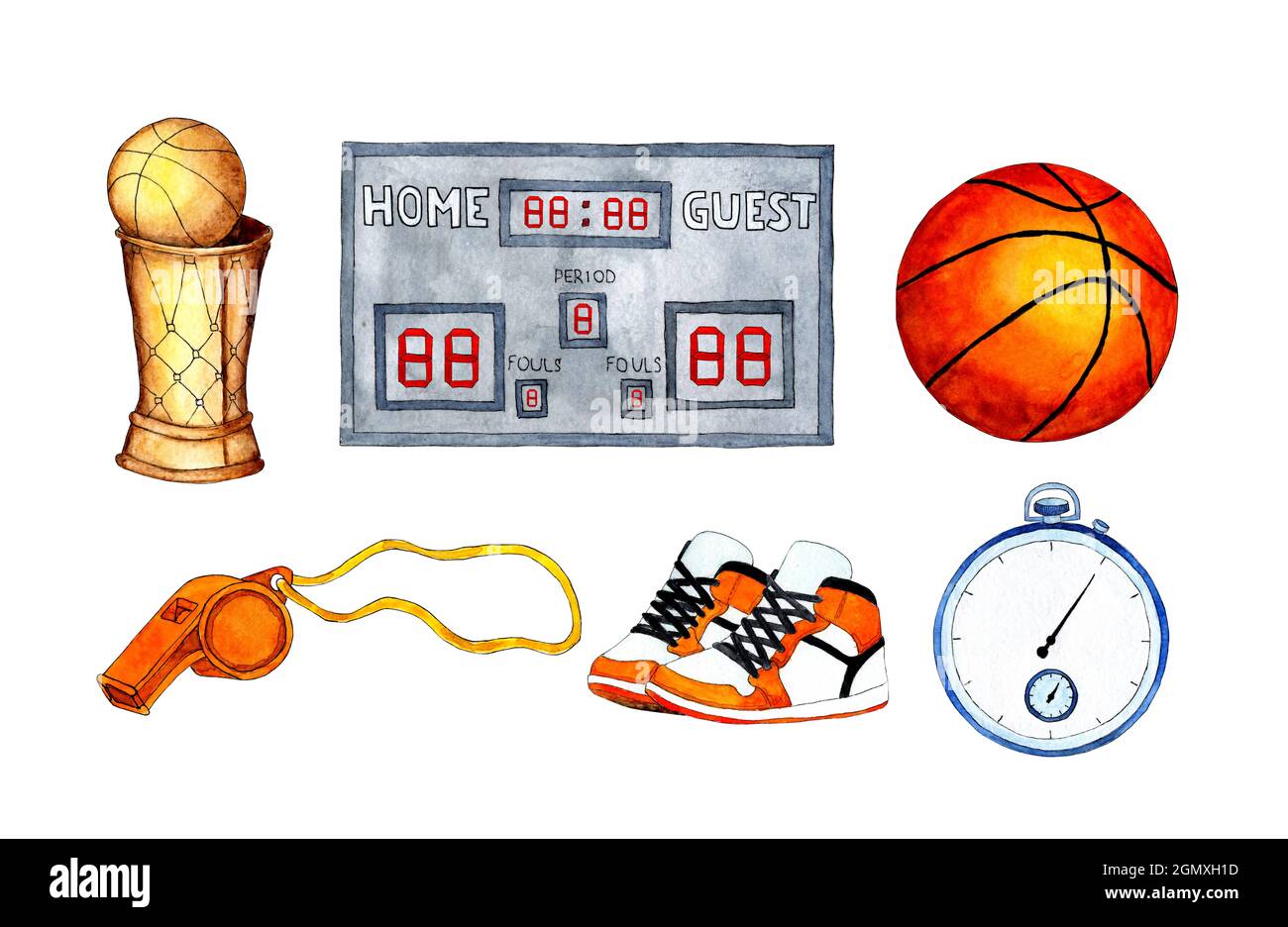 Watercolor illustration set of basketball cup, ball, stopwatch ...