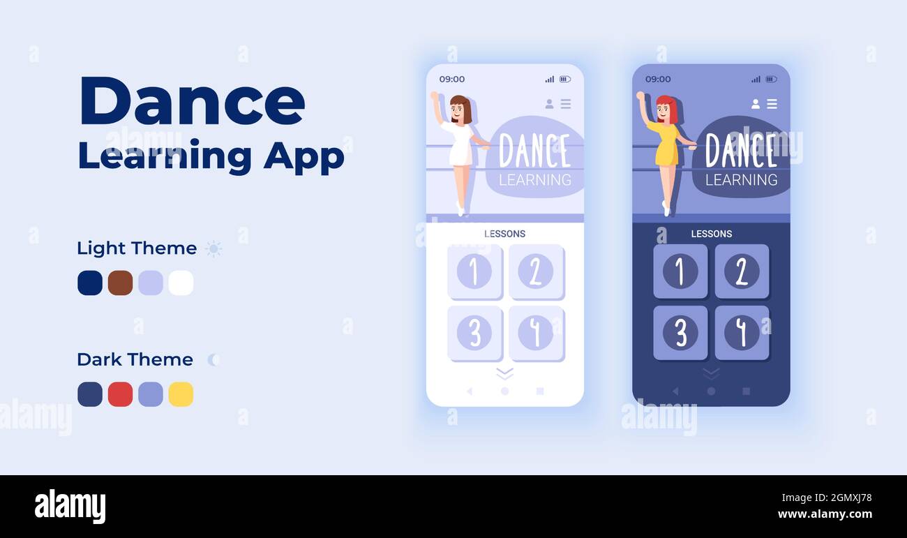 Dance learning app cartoon smartphone interface vector templates set ...