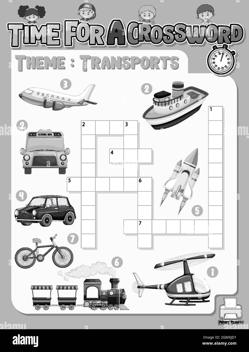 Crossword puzzle game template about transportation illustration Stock ...