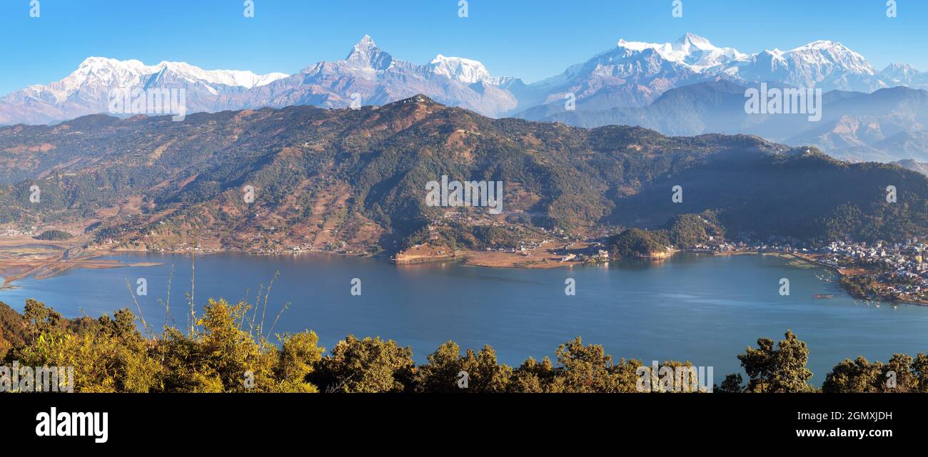 Panoramic view of mount Annapurna, himalayan range, Pokhara and Phewa ...