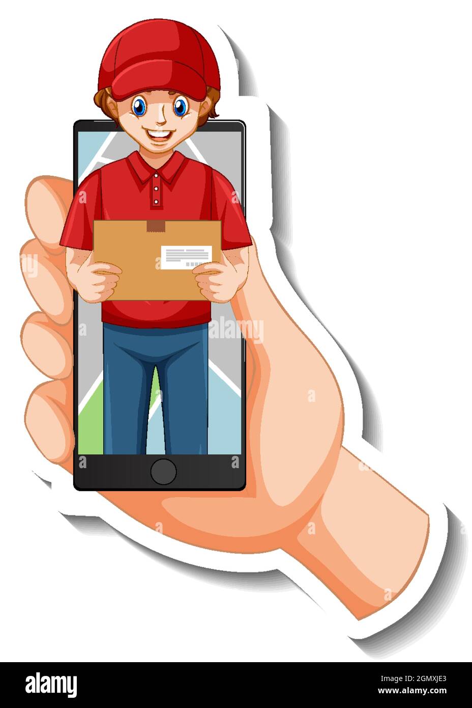 A sticker template with delivery man in uniform holding boxes ...