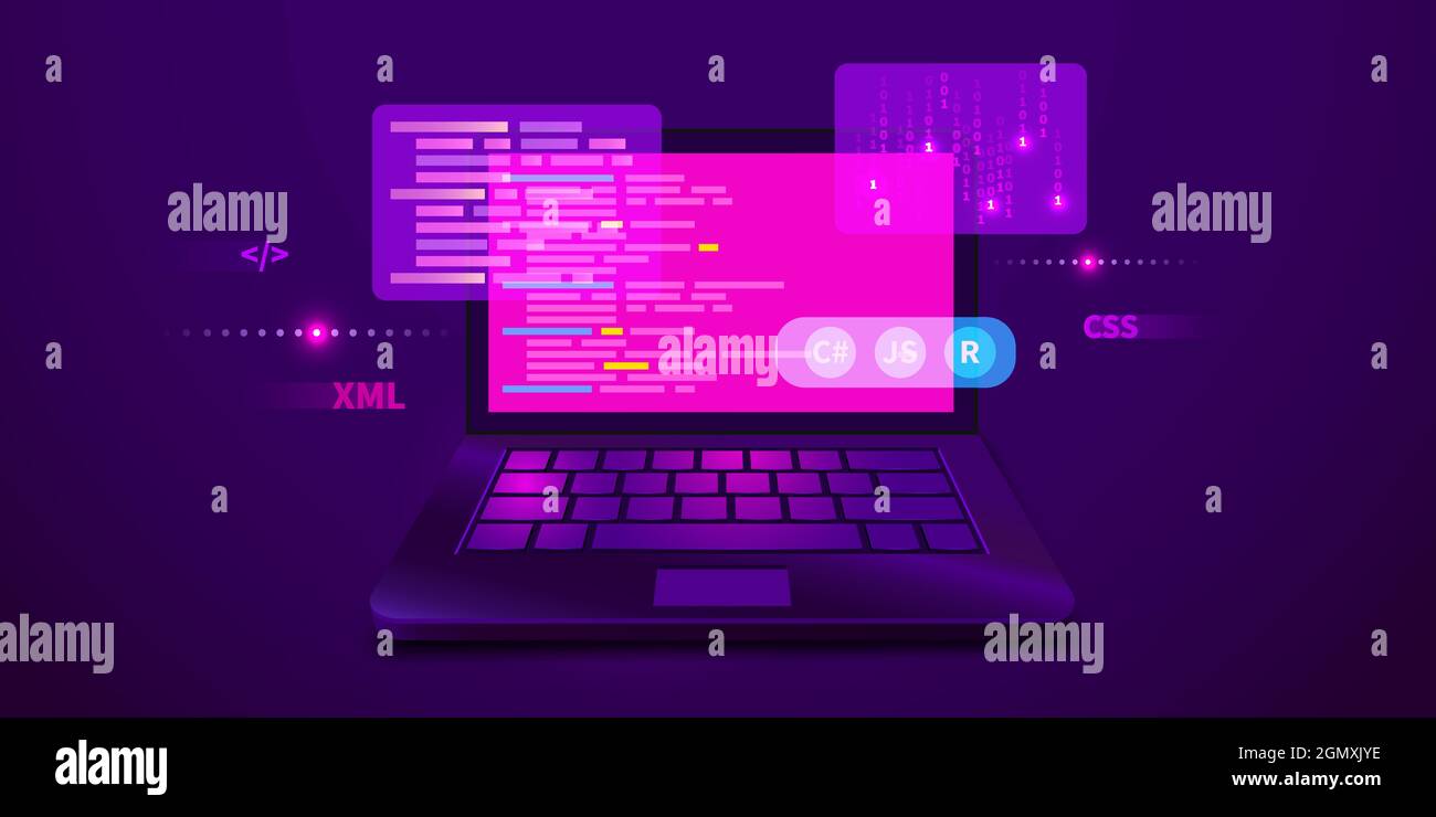 Web Development Coding And Programming Futuristic Banner Computer Code On Laptop Vector