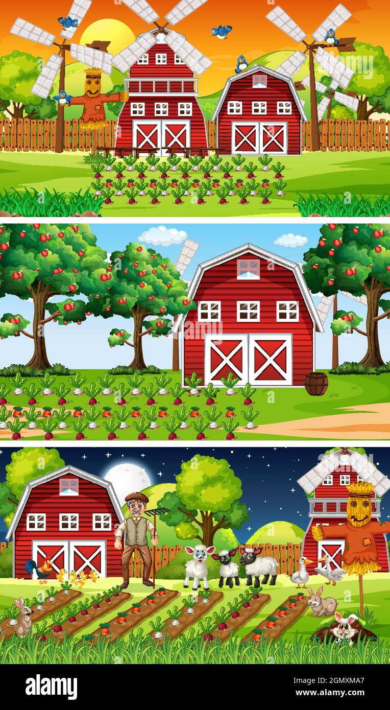 Different farm scenes with old farmer and animal cartoon character ...