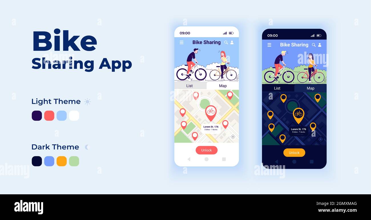 Bike sharing app cartoon smartphone interface vector templates set ...