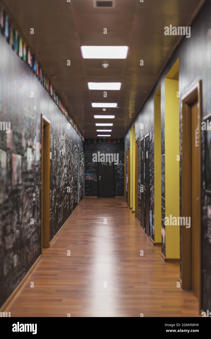 Corridor with graffiti in designer modern art hotel in Baku, Azerbaijan ...