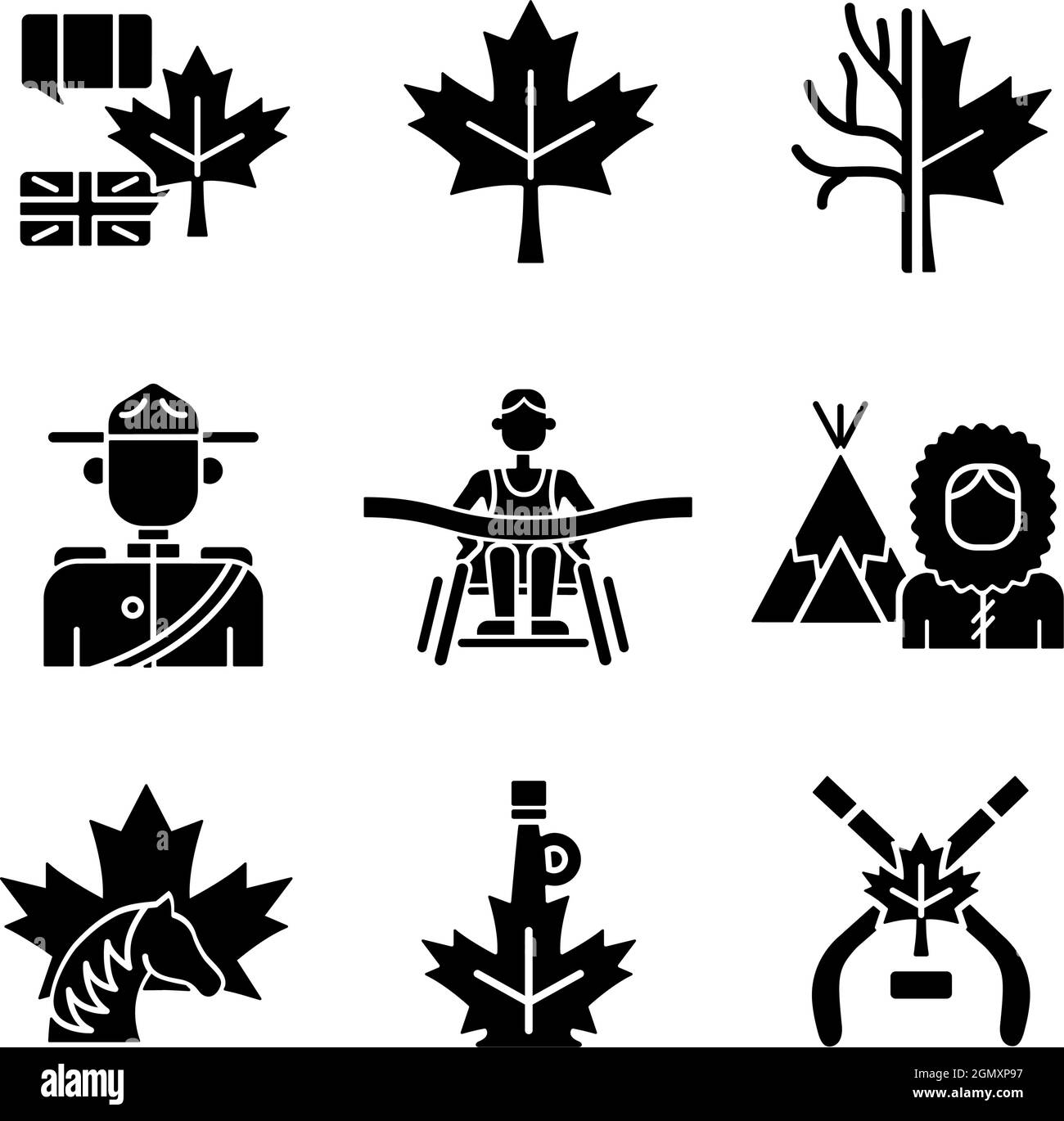 Canadian representation black glyph icons set on white space Stock ...