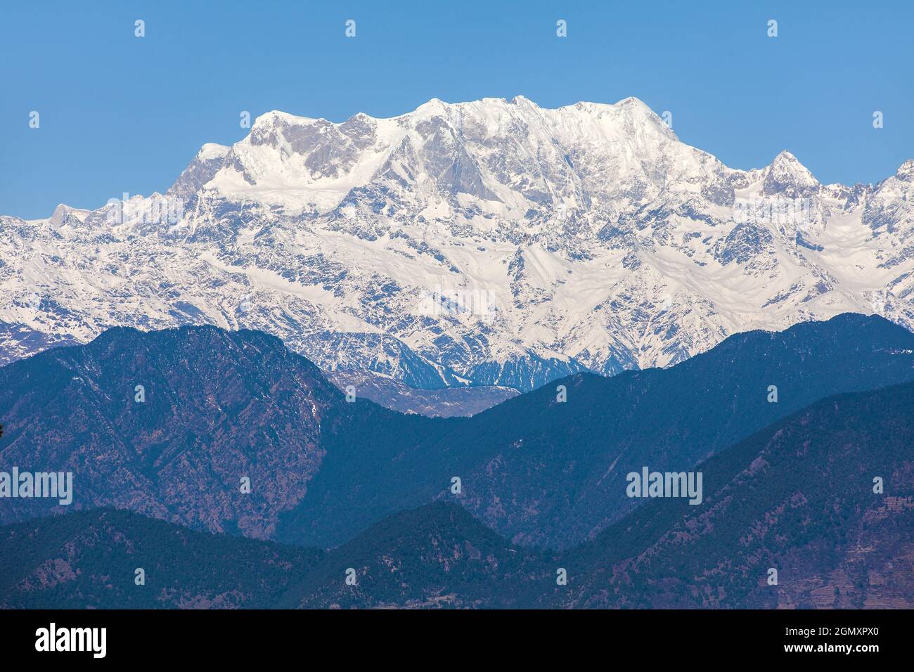 Mount Chaukhamba and woodland, Himalaya, panoramic view of Indian Himalayas mountains, great ...