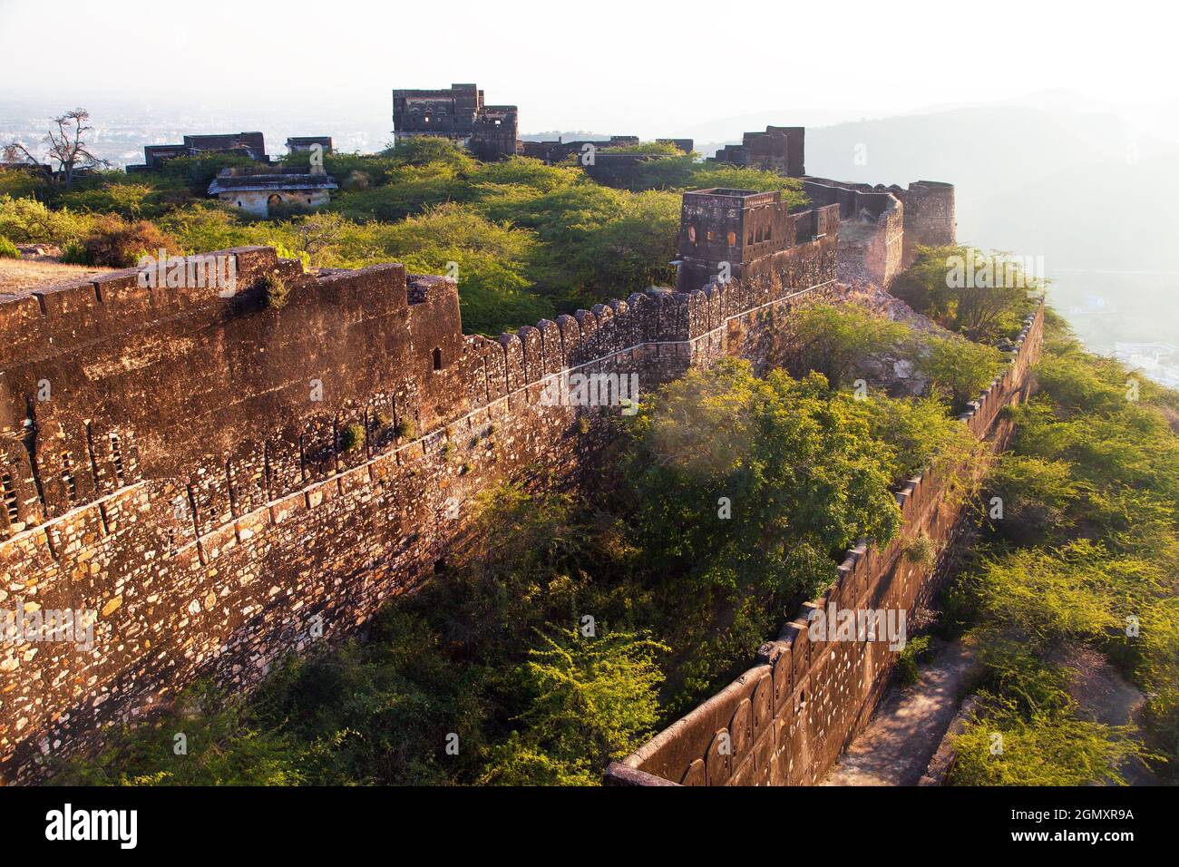 Detail of upper part of Taragarh fort in Bundi town, typical medieval ...