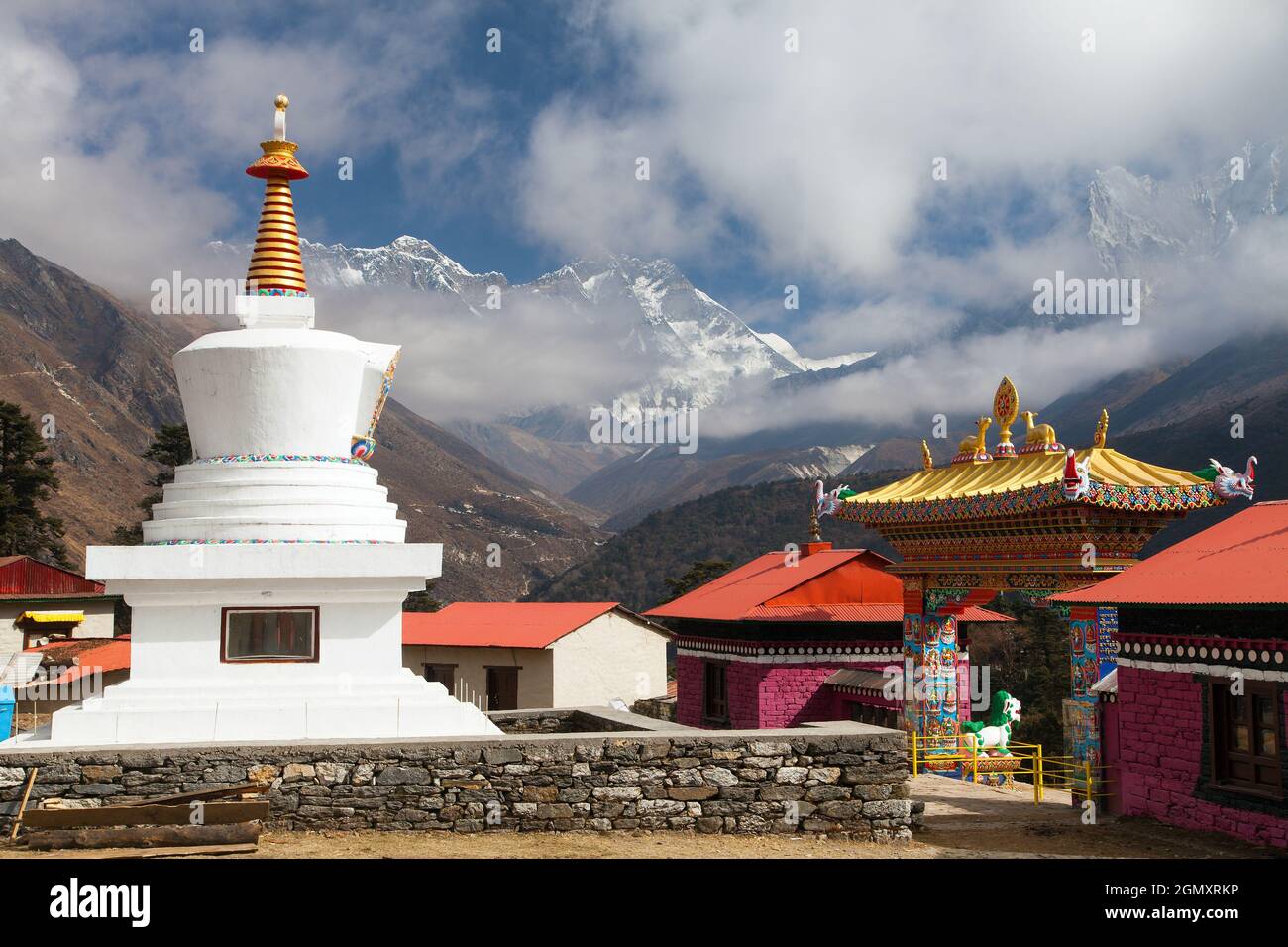 Tengboche Monastery with stupa and mount Everest, Lhotse and Ama Dablam ...