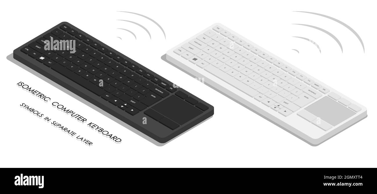 Isometric white and black wireless personal computer keyboards. English ...