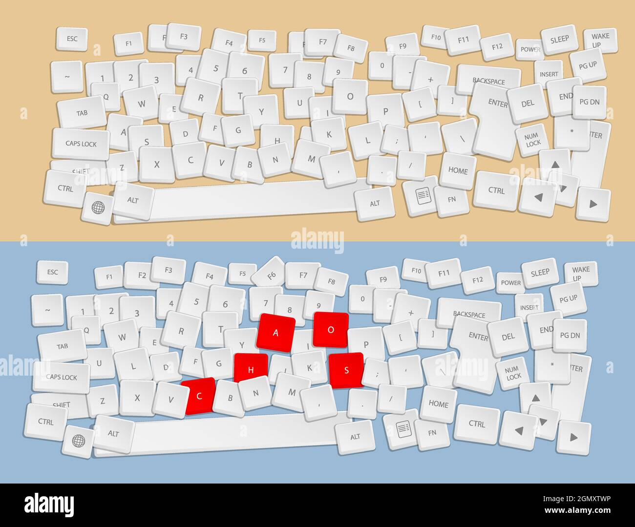Realistic white keys of broken computer keyboard are sprinkled on table ...
