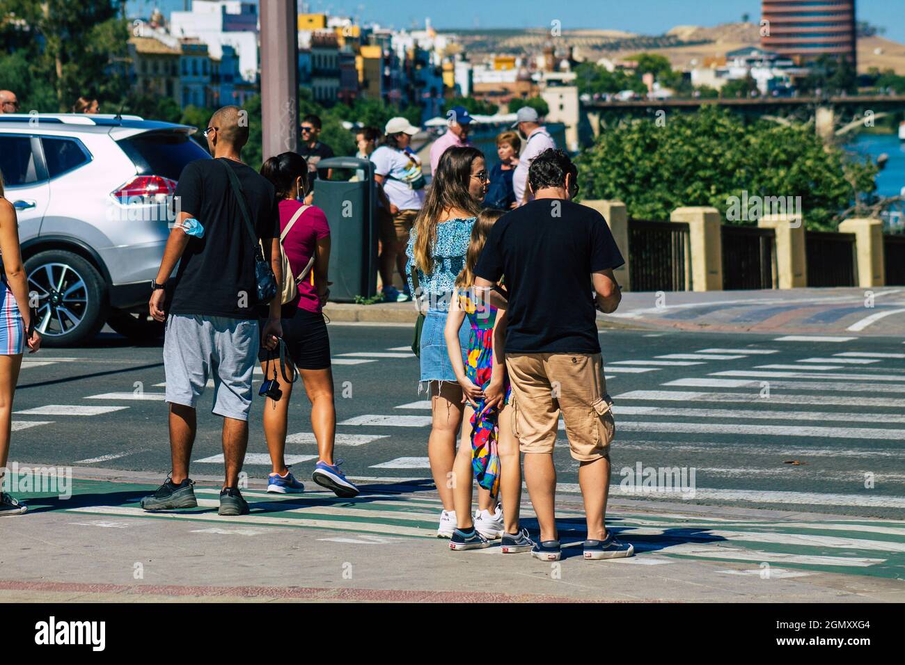 Seville Spain September 18, 2021 Pedestrians walking in the street ...