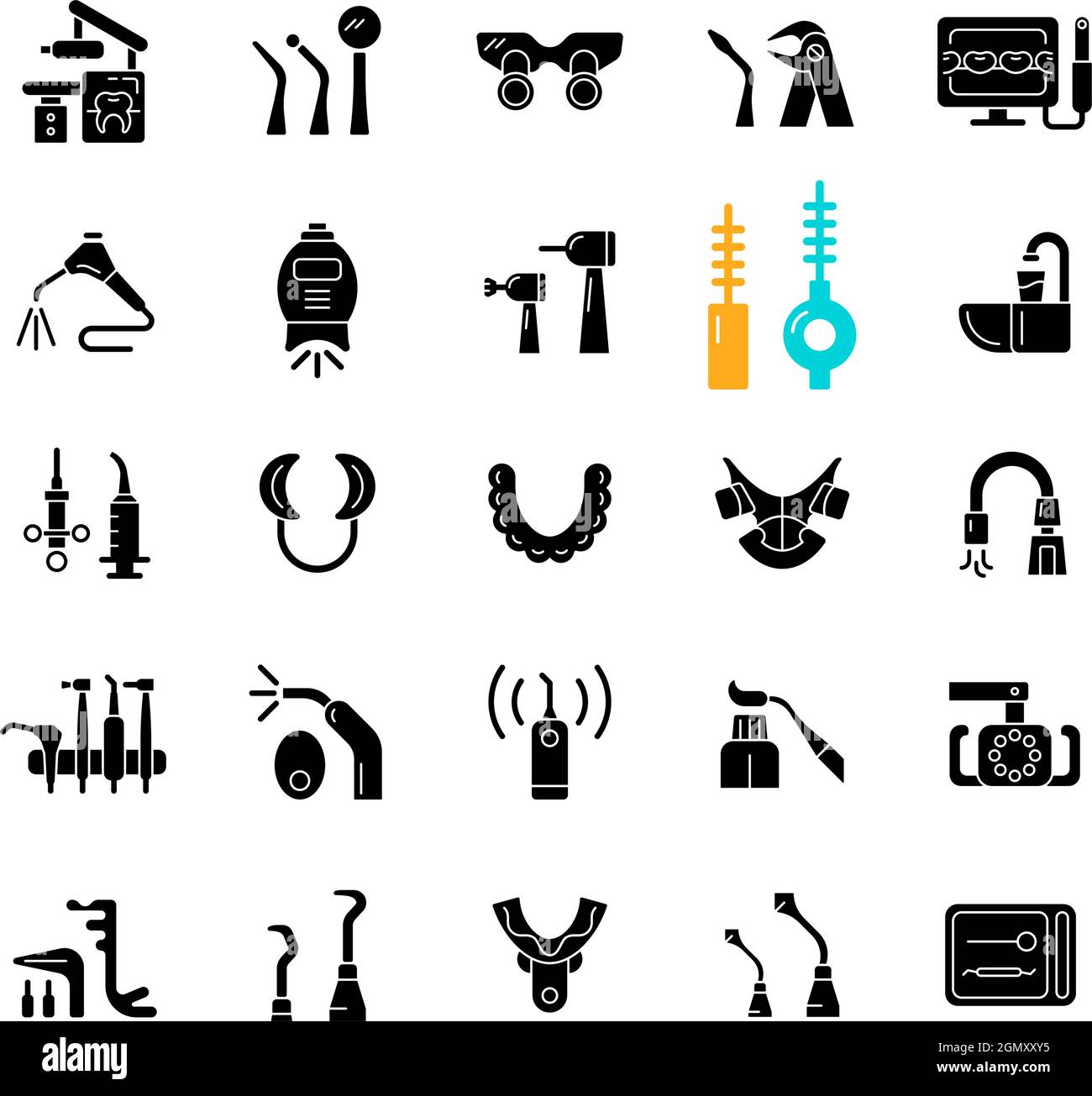Dentistry tools and materials black glyph icons set on white space ...
