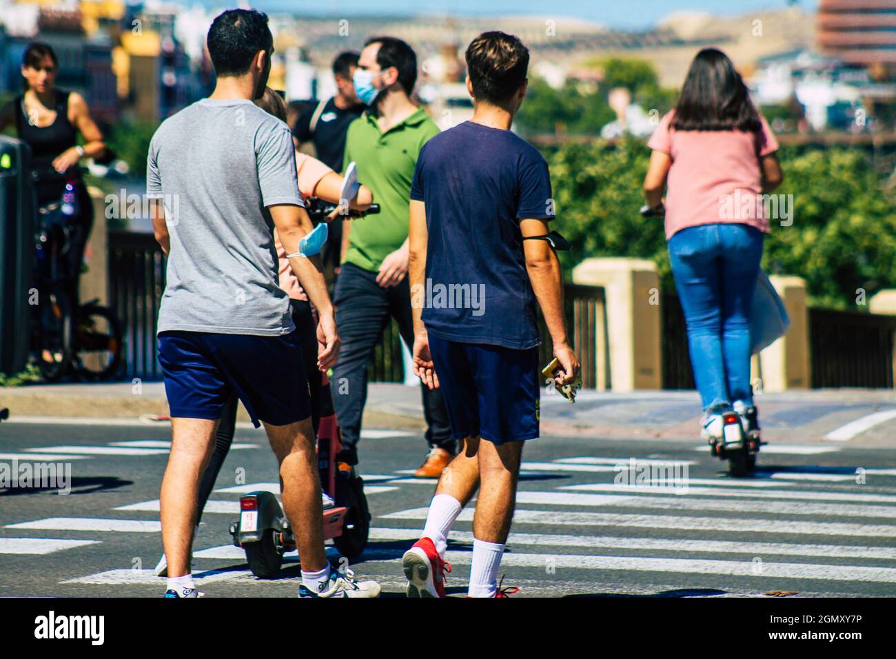 Seville Spain September 18, 2021 Pedestrians walking in the street ...