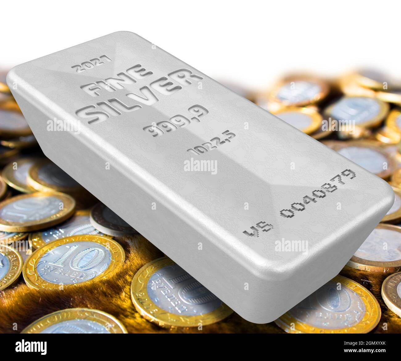 The highest standard silver bar lies on the coins. One ingot of 999.9 ...