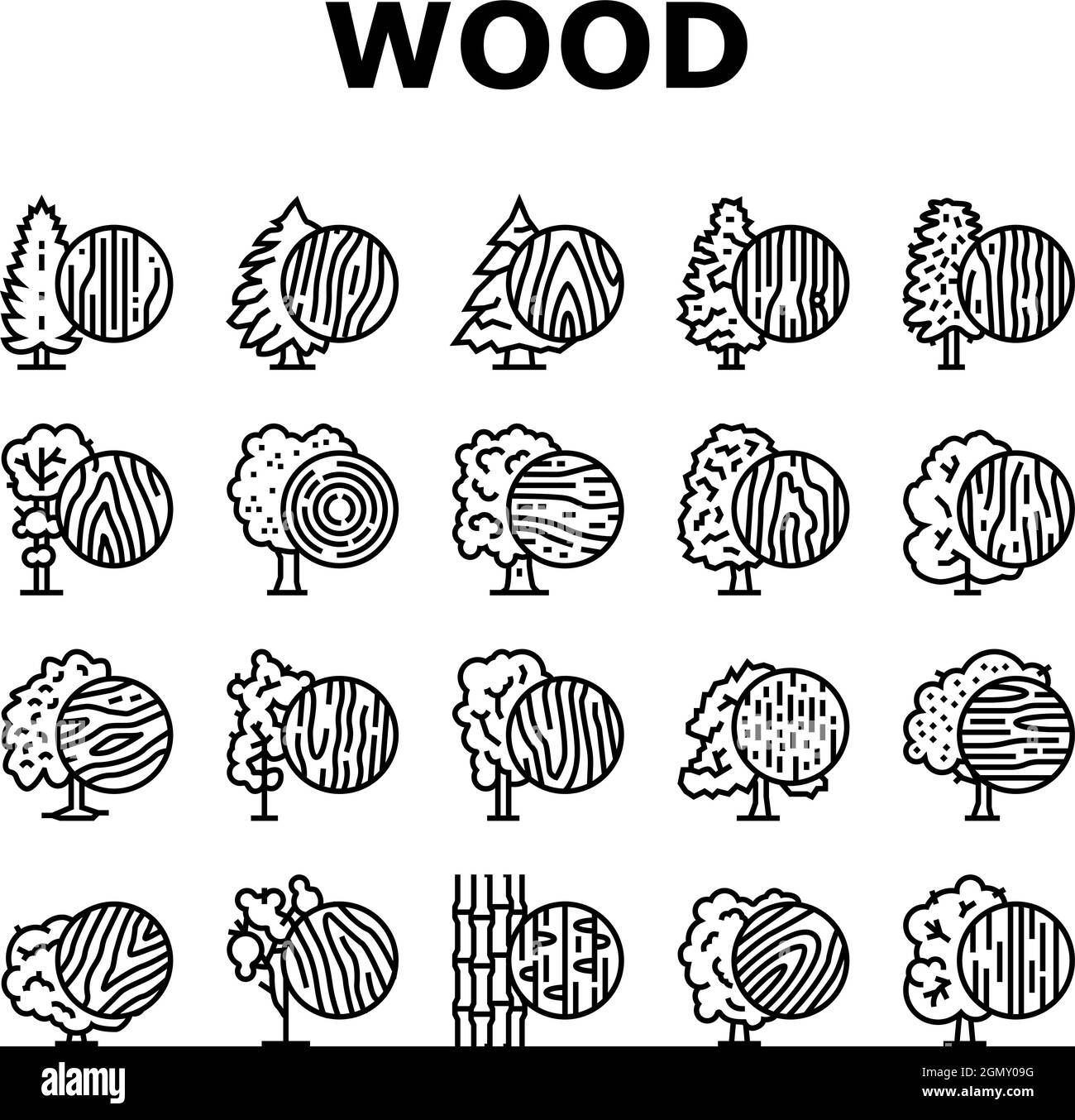 Wood Land Growth Natural Tree Icons Set Vector. Cherry And Mango Fruit ...