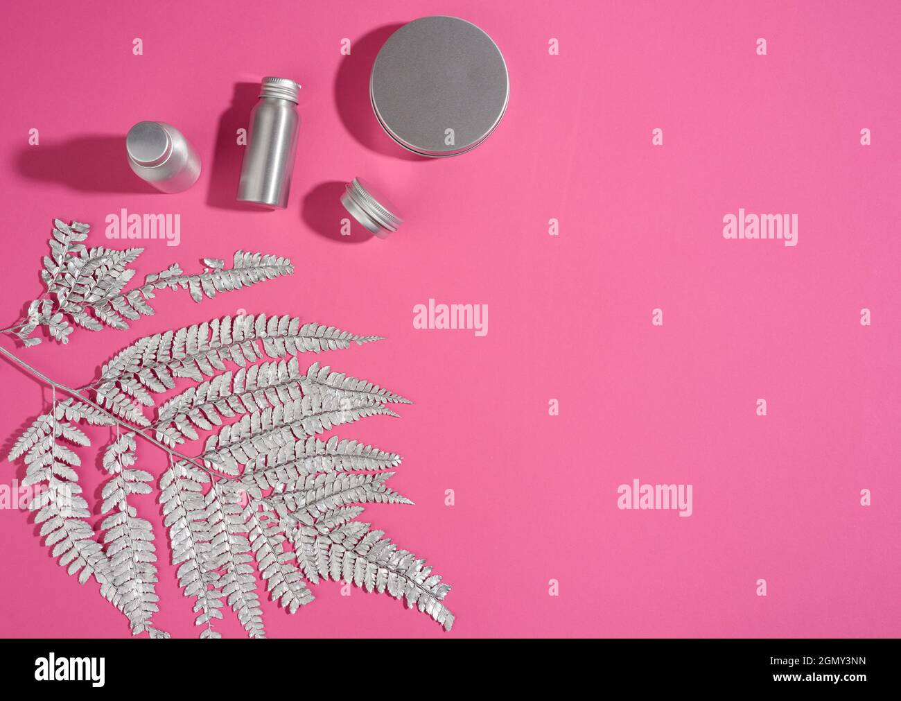ray metal jars, bottle and a silvery twig of a plant on pink background ...