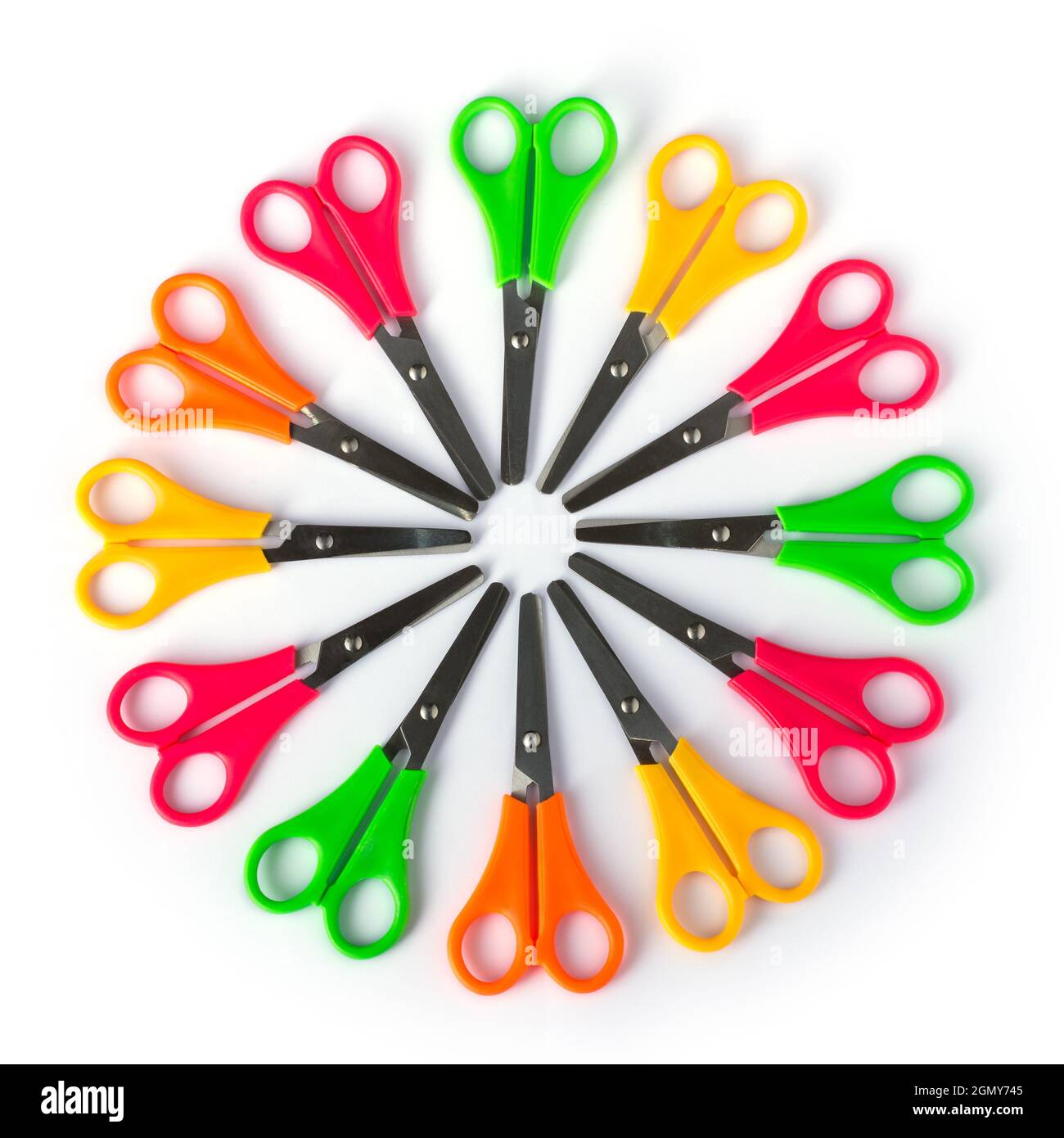 multicolored scissors, children, sewing, tailoring theme, arranged in a ...