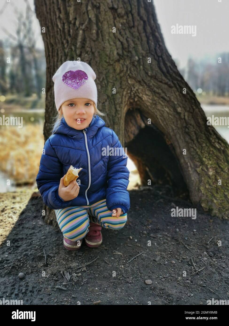 Cute Caucasian girl hiding behind the tree and eating the sandwich ...
