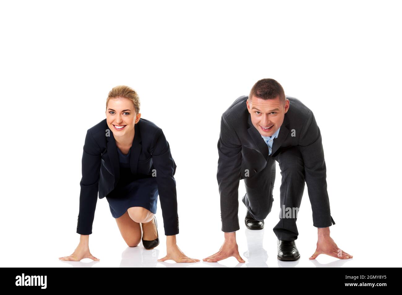 Businessman and woman competing with each other isolated on white ...