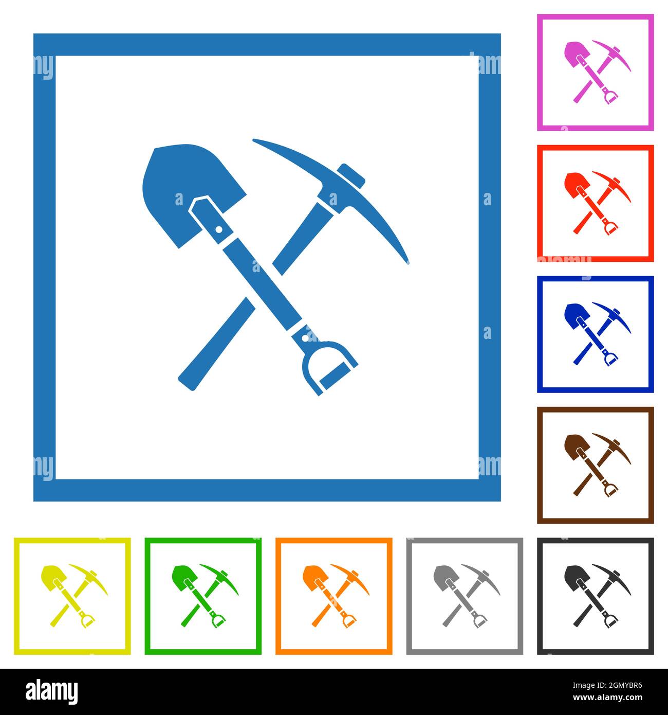 shovel and pickaxe flat color icons in square frames on white ...