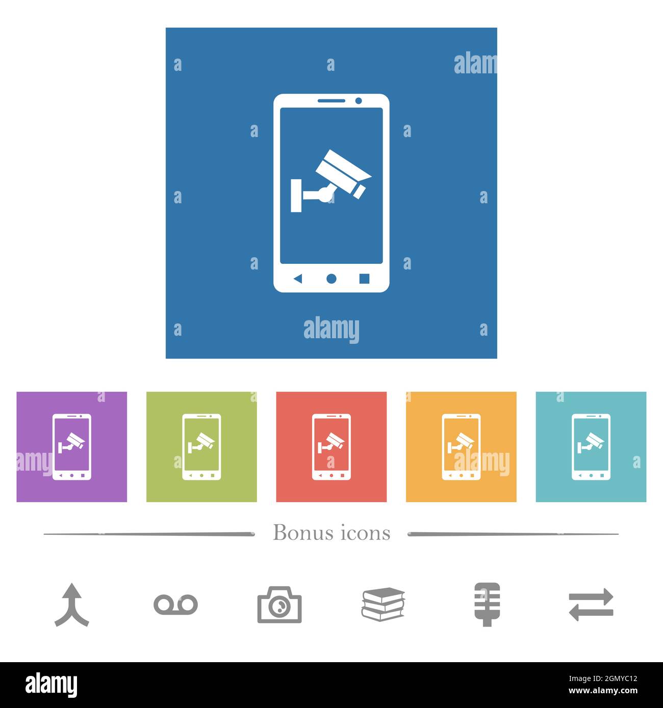 Remote surveillance flat white icons in square backgrounds. 6 bonus ...