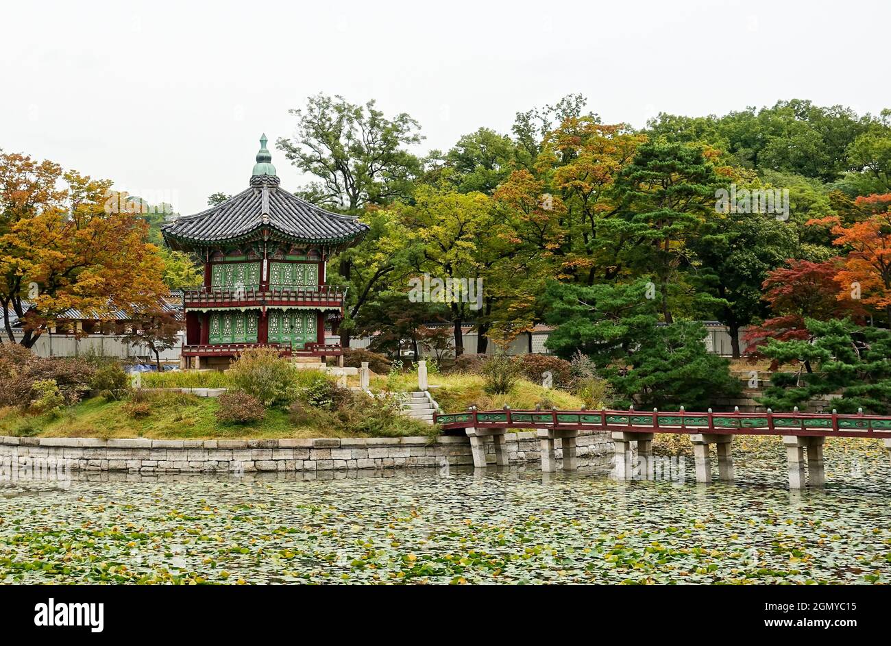 Hyangwonjeong Pavilion among the gardens and lake of The Gyeongbokgung ...