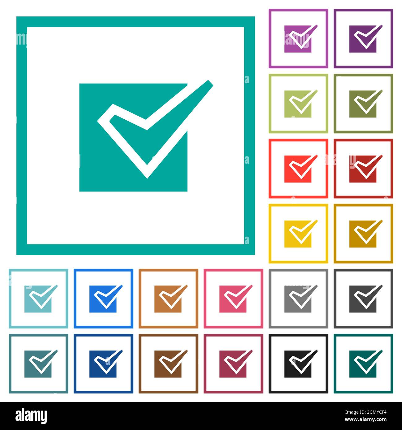 Checked box solid flat color icons with quadrant frames on white ...