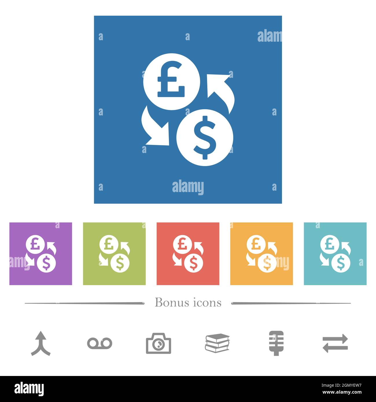 Pound Dollar money exchange flat white icons in square backgrounds. 6 ...