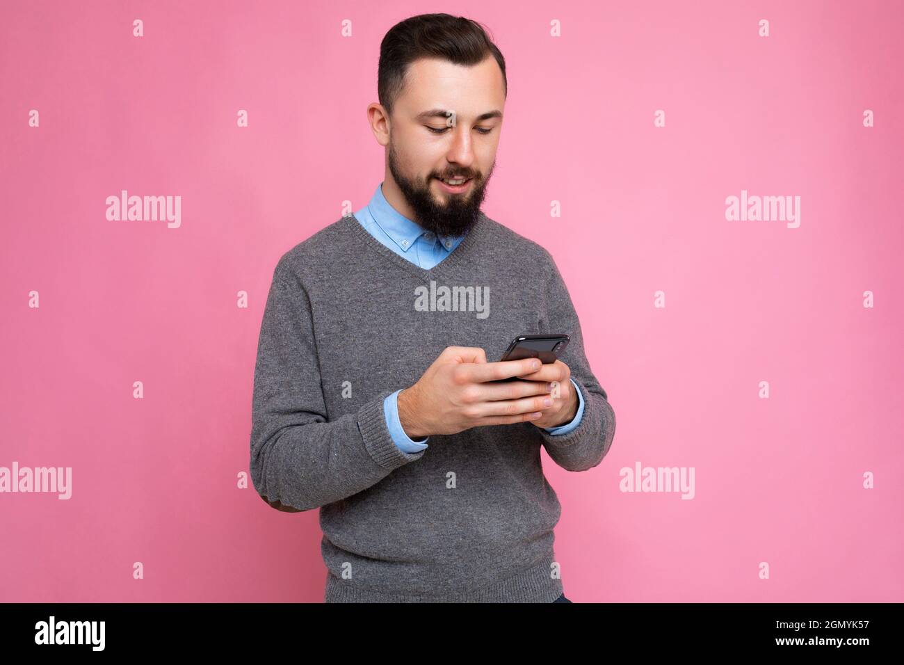 Side-profile closeup Photo shot of handsome positive good looking young ...