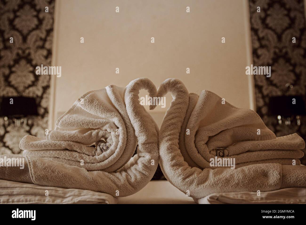 Closeup of the two towels folded in heart shape Stock Photo - Alamy