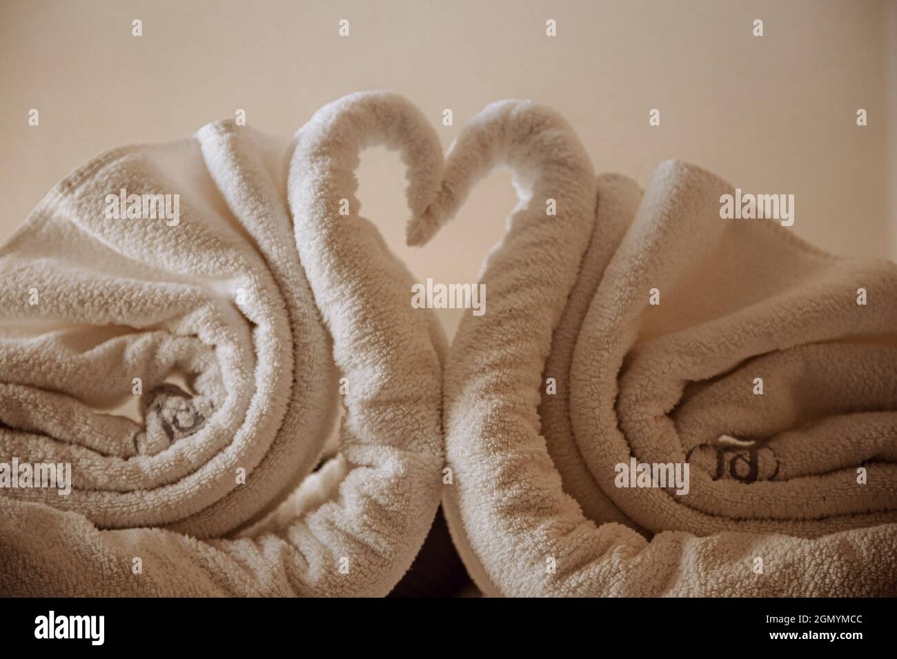 Closeup of the two towels folded in heart shape Stock Photo - Alamy