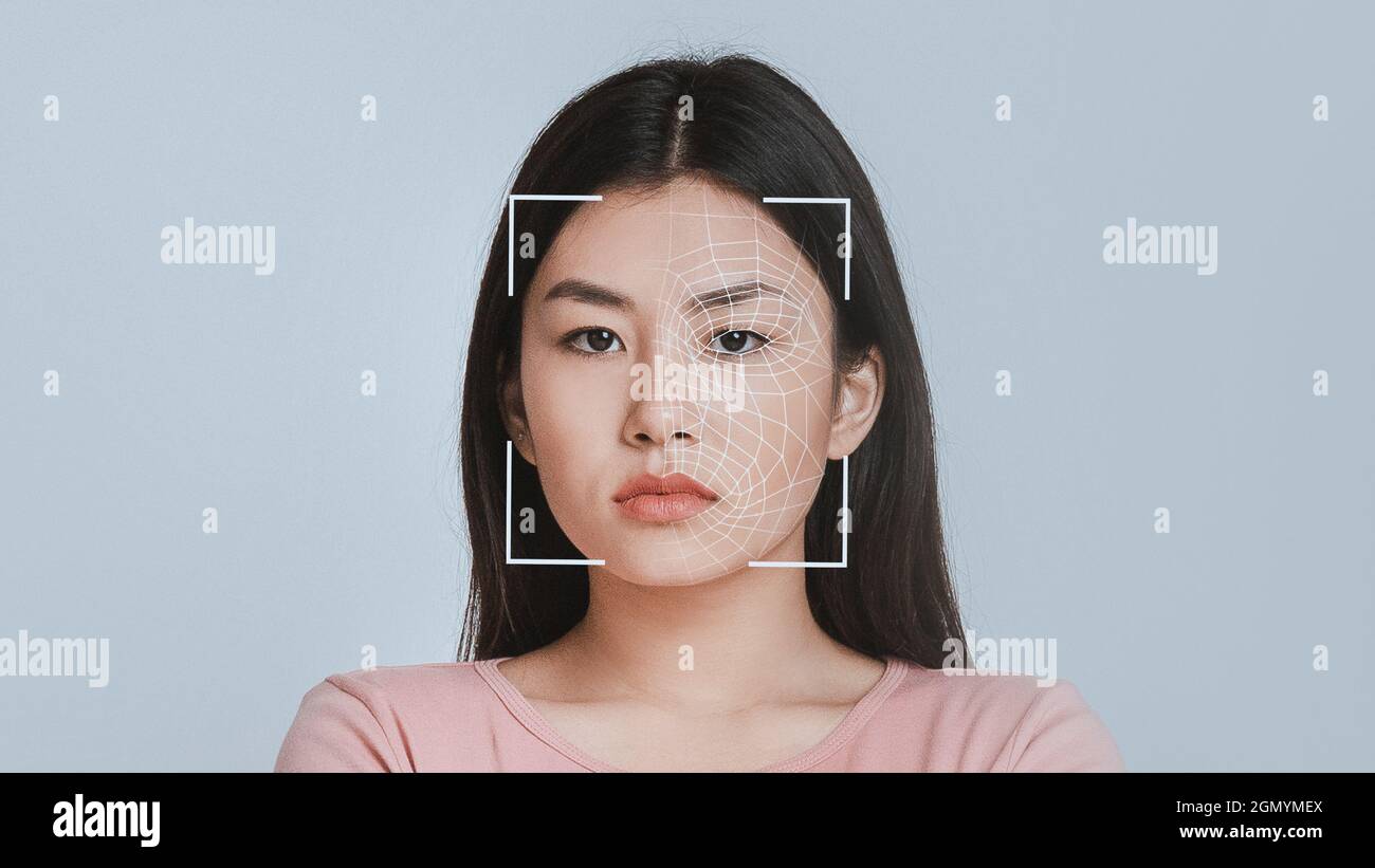 Asian woman getting face scanning, closeup, collage for modern ...