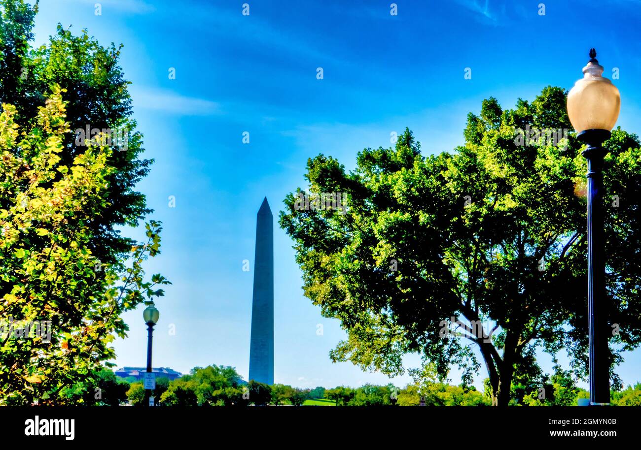Street lights in Washington DC frame the Washington Monument Stock ...