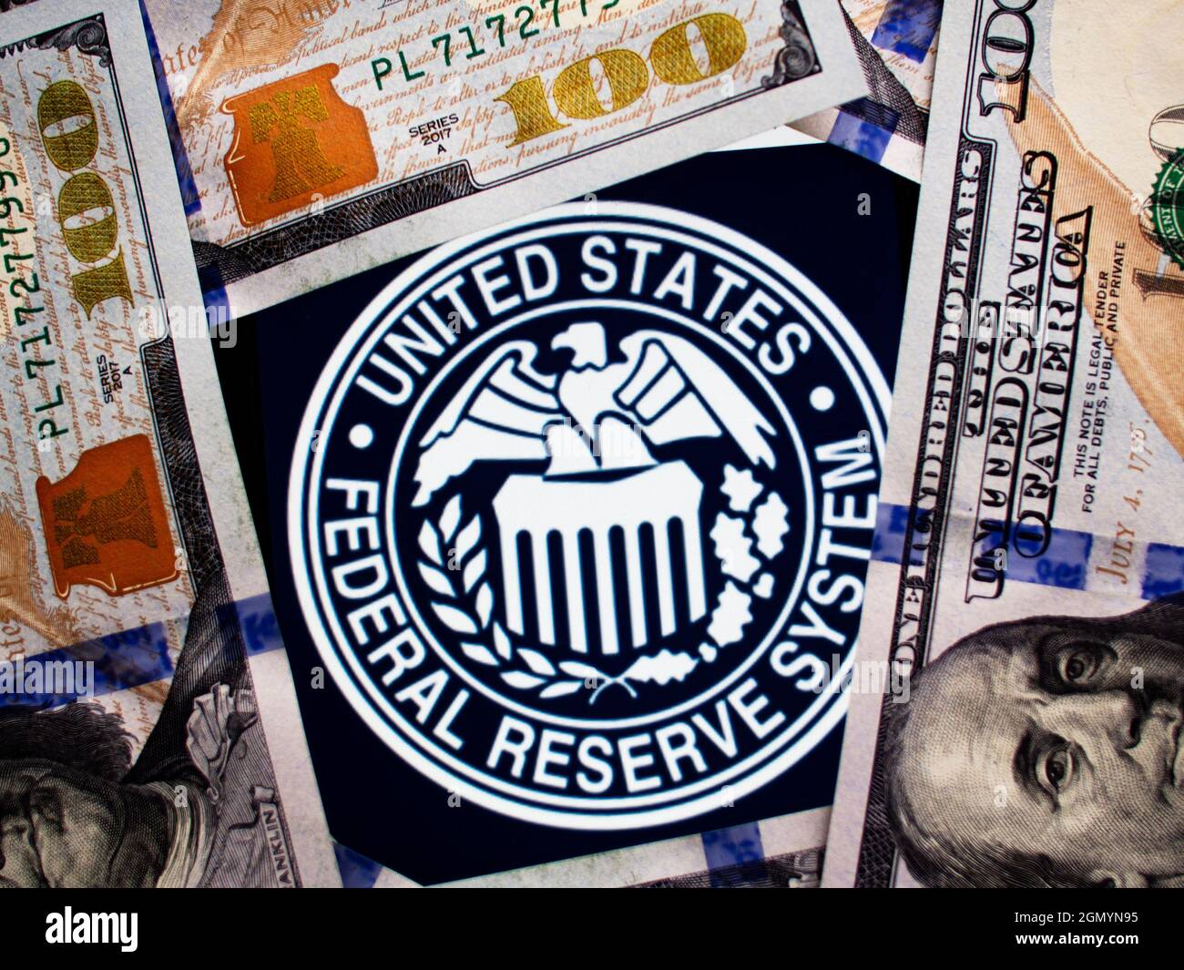 In this photo illustration Federal Reserve Seal seen displayed on a ...