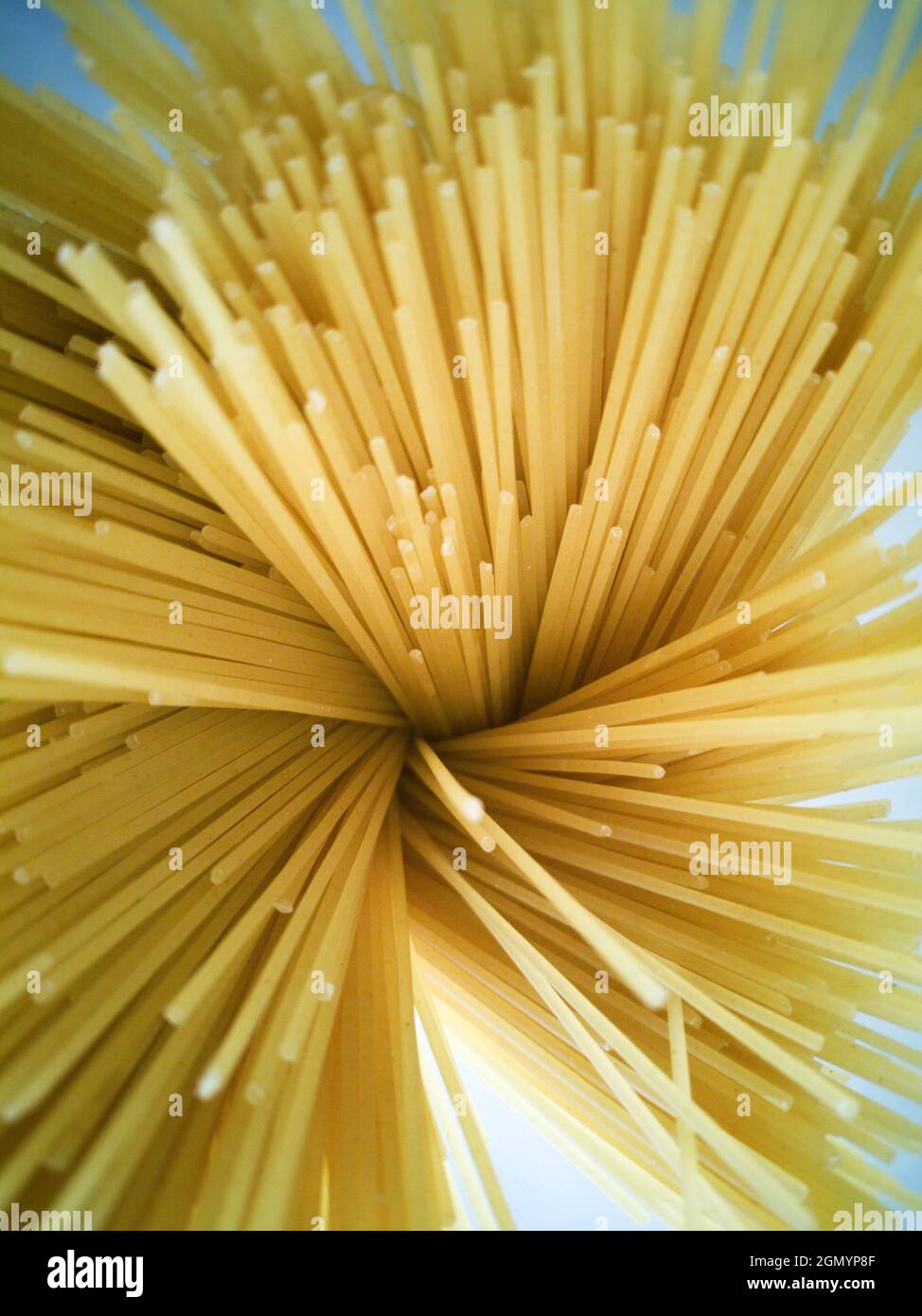 Vertical shot of bunch of yellow long raw spaghetti on white background ...